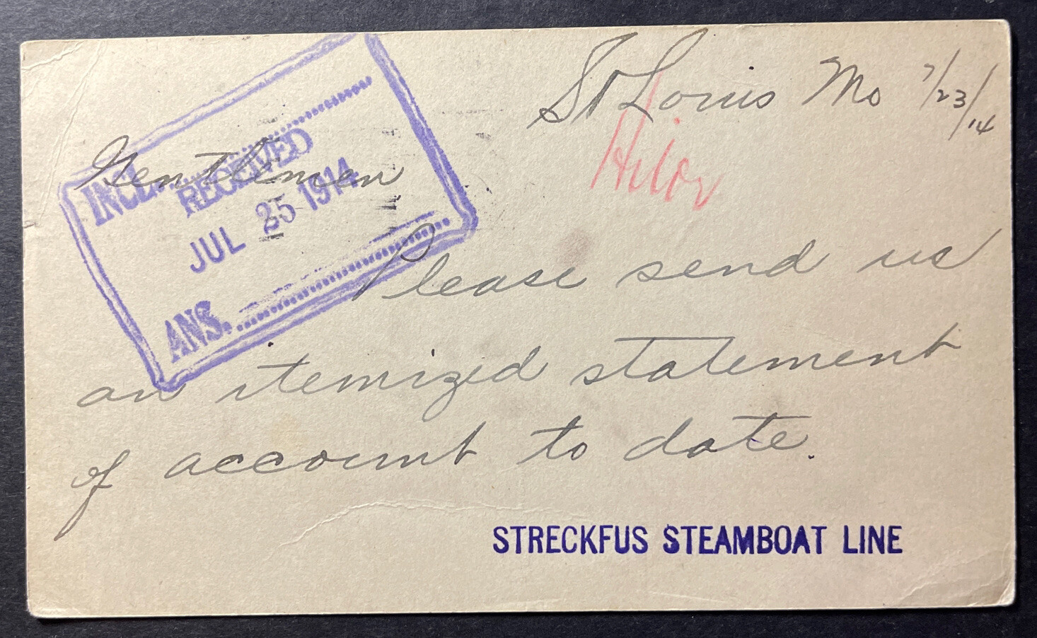 Streckfus Steamboat Line to Rock Island Brewing Co St Louis Missouri ...