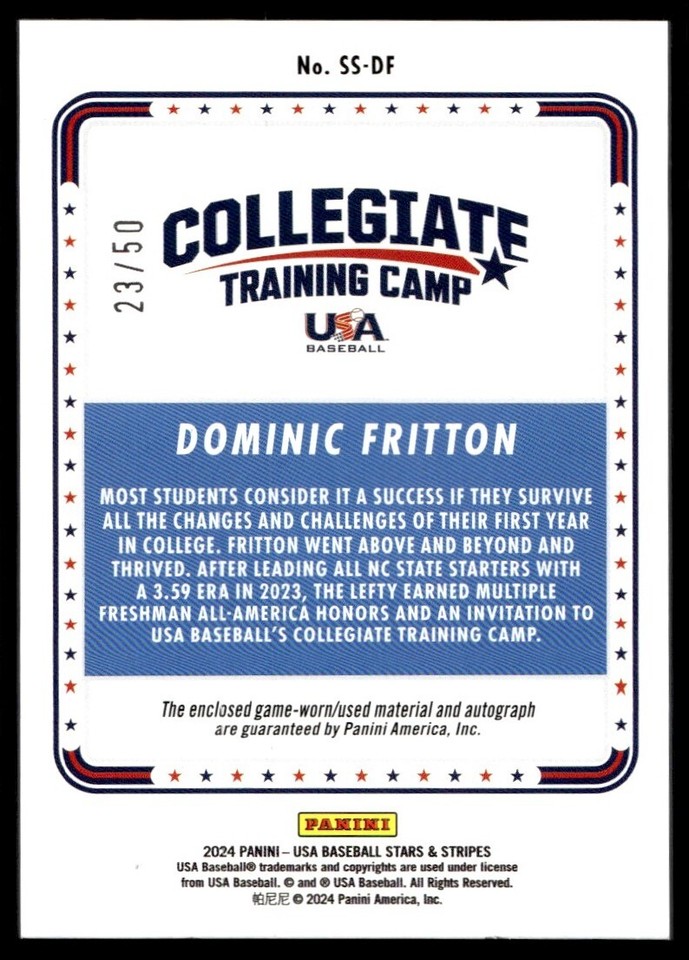 2024 Panini Stars & Stripes #DF Dominic Fritton Rookie Auto Patch /50 ...