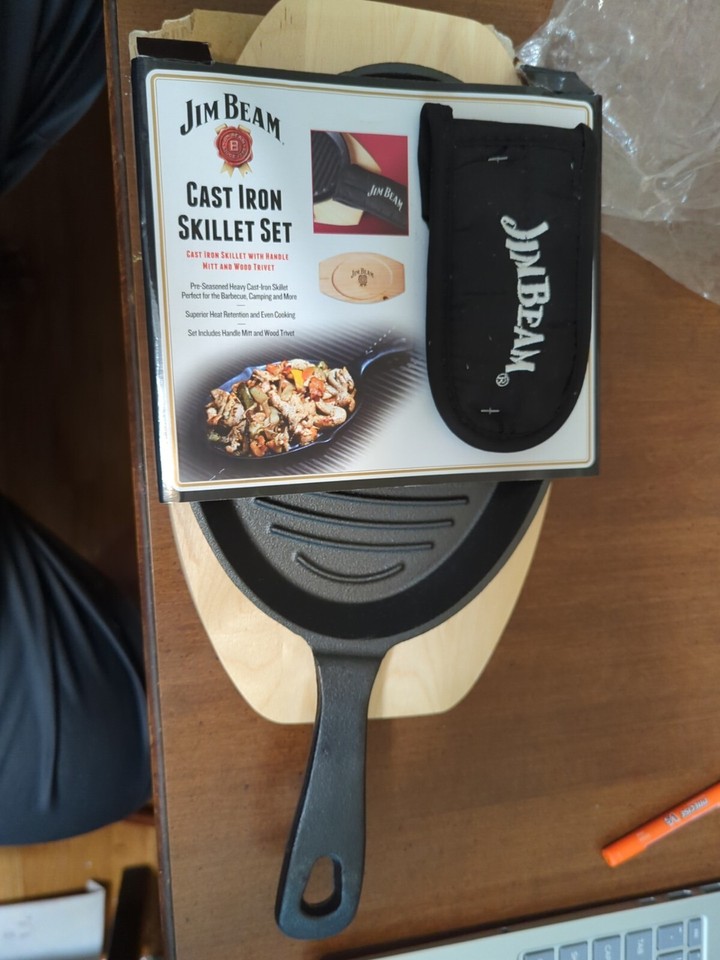 Jim Beam Pre-Seasoned Cast Iron Skillet Set Includes Handle Mitt Wood ...