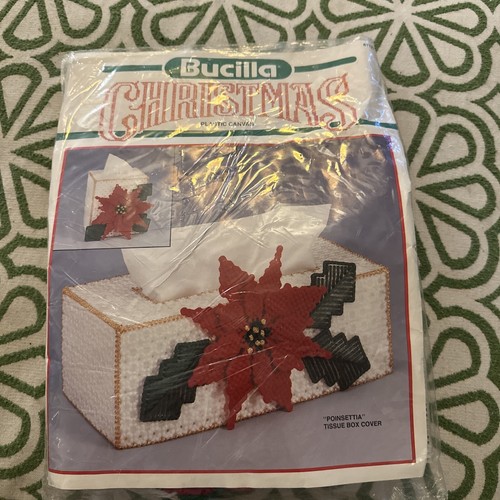 RARE NEW Bucilla Christmas Plastic Canvas Kit Poinsettia Tissue Box ...