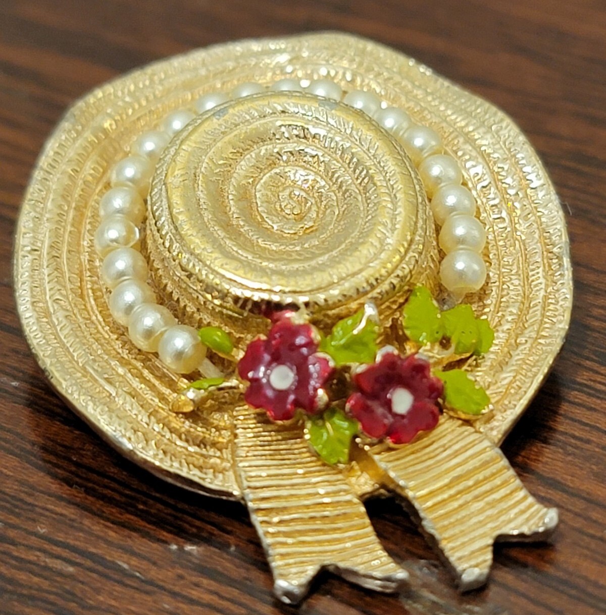CINER Sun Bonnet Hat Brooch - Enamel Flowers Small Pe… - Gem