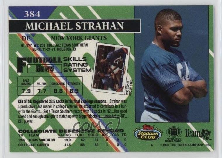 1993 Topps Stadium Club Michael Strahan (Draft Pick Stamp) #384 Rookie ...