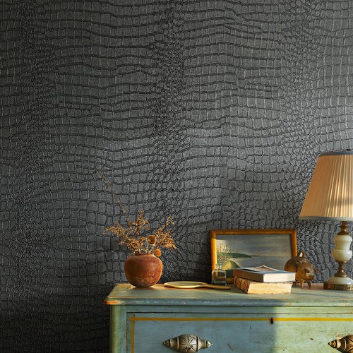 17.3"X394" Black Crocodile Textured Wallpaper Peel And Stick PVC ...
