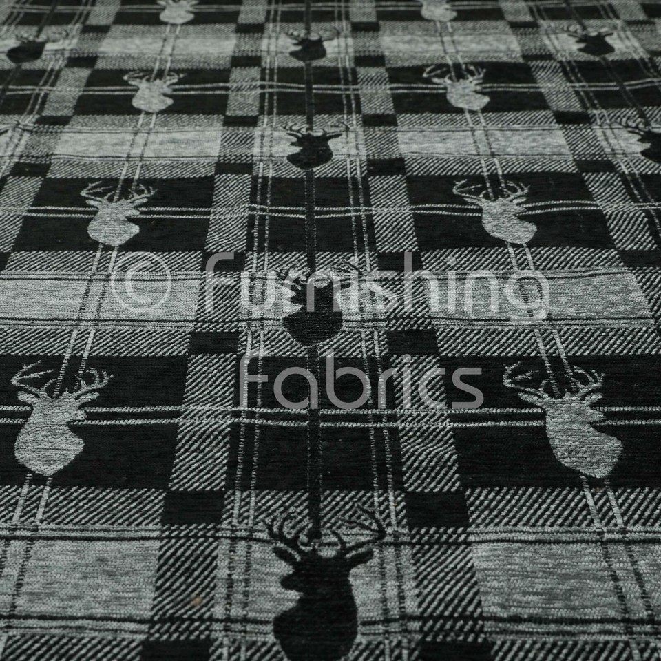 Soft Like Cotton Small Stag Pattern Upholstery Woven Fabric Grey Black ...