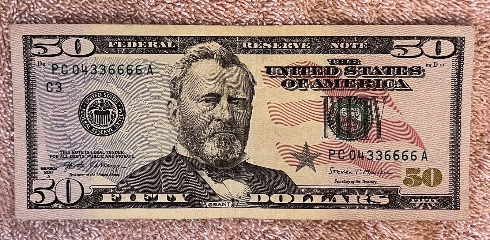 $50 (FIFTY) Dollar Bill Fancy Serial Number. 3s & Quad 6's- 2017A. | eBay