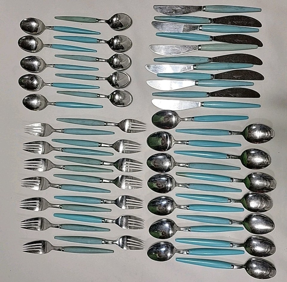 Vintage Castle Stainless Steel Flatware Turquoise Blue Handles Set 49 ...