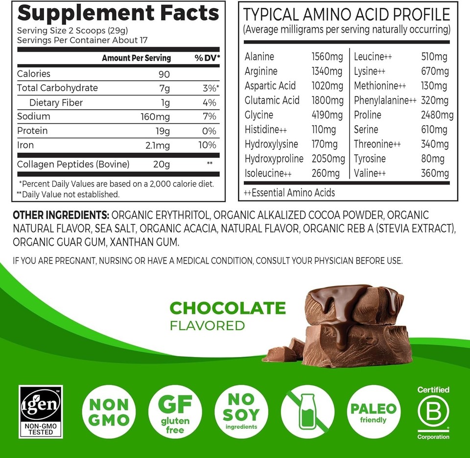 Hydrolyzed Collagen Peptides Powder, Women & Men, Chocolate, 20g Grass ...