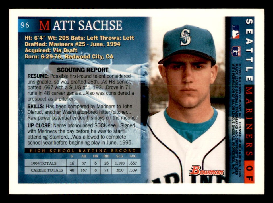 1995 Bowman #96 Matt Sachse Seattle Mariners | eBay
