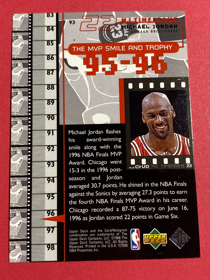 MICHAEL JORDAN 1998 UD MJ TIMEFRAME 1995-96 #93 THE MVP SMILE AND ...