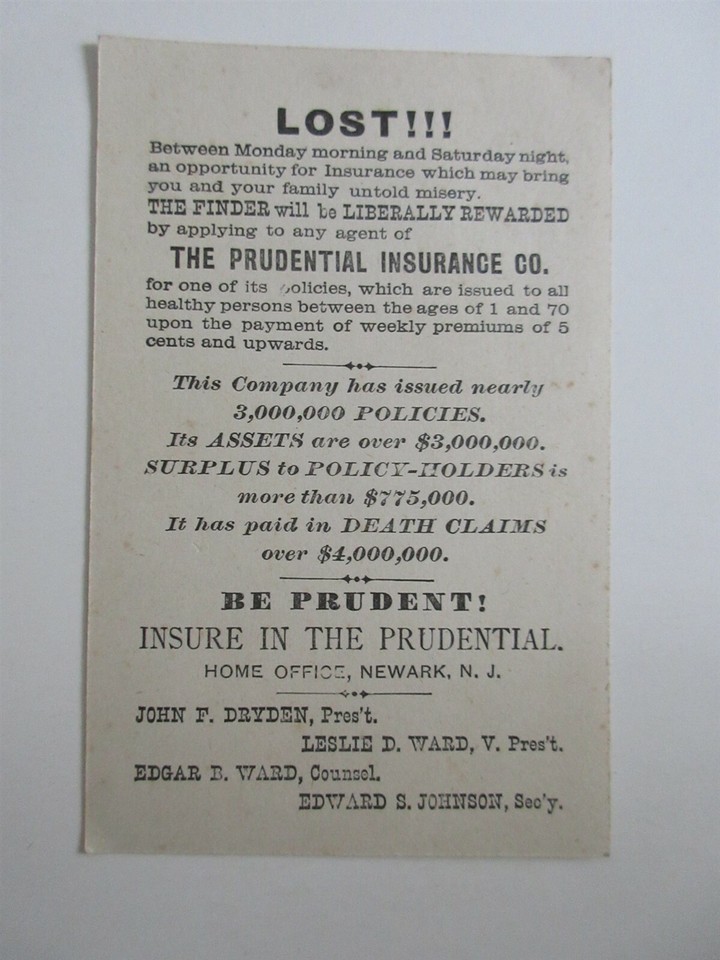 Trade Card THE PRUDENTIAL INSURANCE COMPANY - NEWARK, NJ - BOY WRITING ...