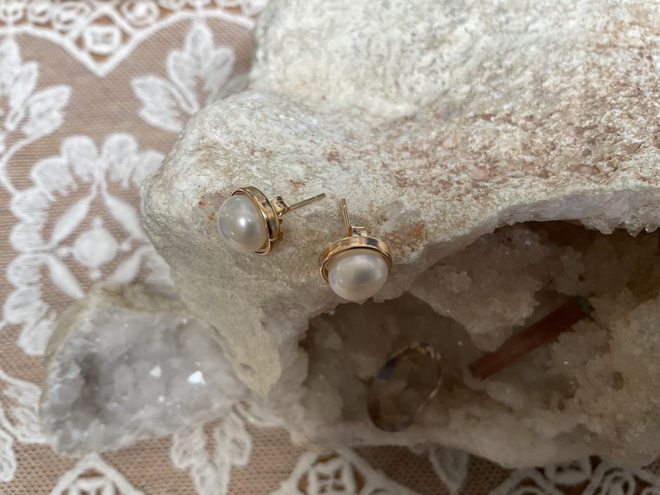 Vintage 14k Gold R.H.Macy&Co Fine Cult Pearl Stud Earrings 8mm Pearl 1 ...