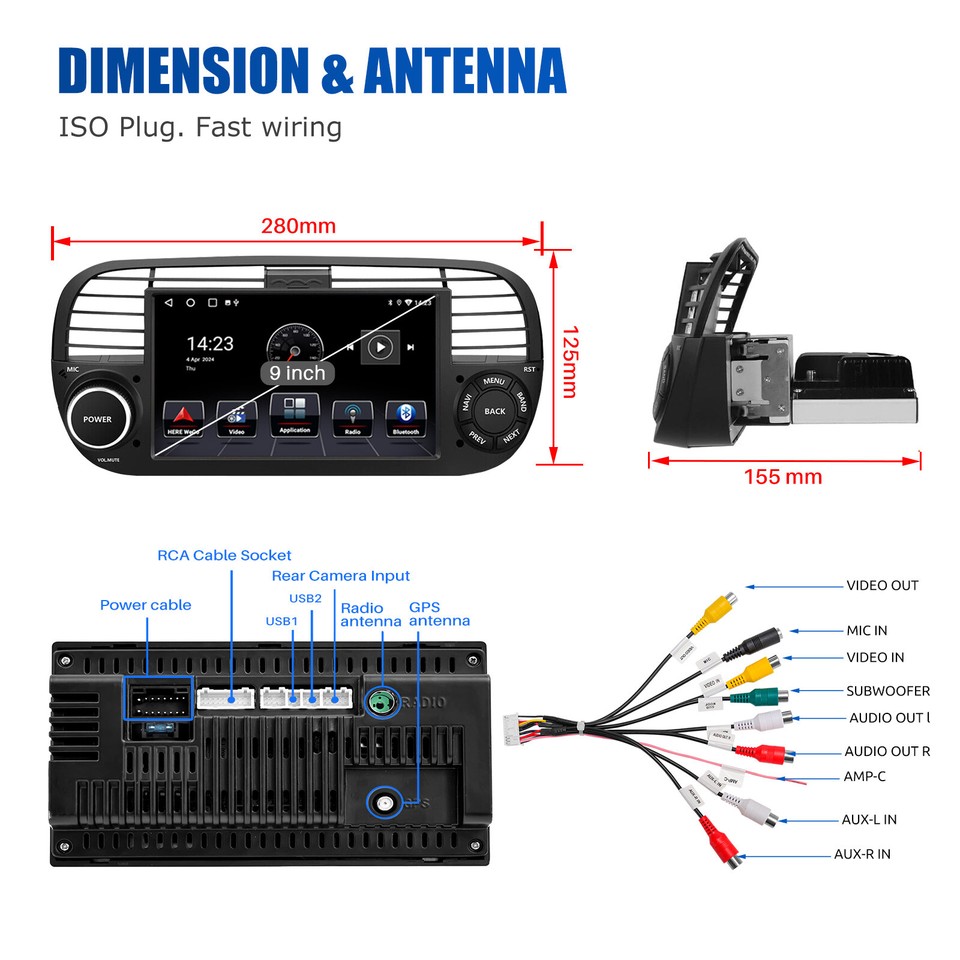 DAB 7" For Fiat 500 2007-2015 Apple Carplay Android 14 Car Stereo Radio ...