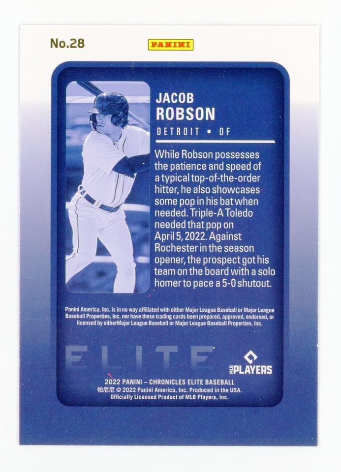 2022 Panini Chronicles Jacob Robson #28 Elite RC Rookie Detroit Tigers ...