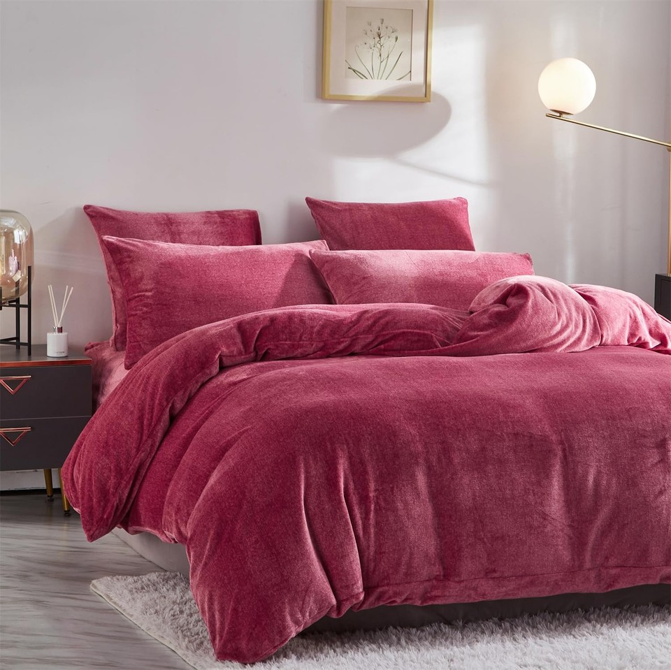 YASMENG Fluffy Velvet Duvet Cover Set Red King Size Fall Winter Soft ...