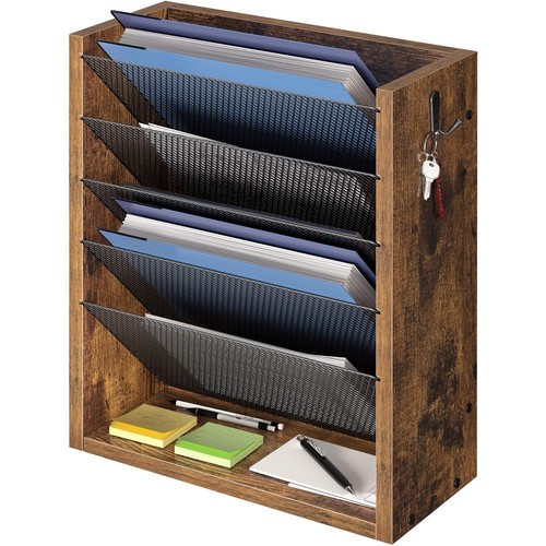 Hanging Wall File Organizer, 6 Tier Wood Wall File Holder with 2 Hooks ...
