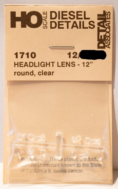HO Scale Parts Detail Associates Locomotive 1710 Headlight 12" Round ...