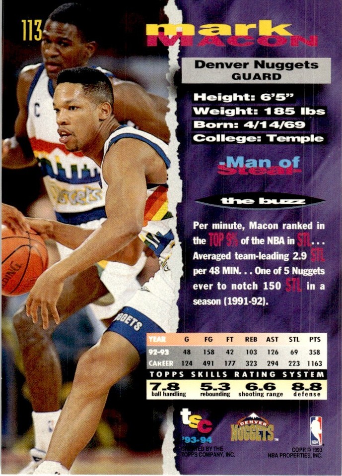 1993-94 Stadium Club Basketball Card Mark Macon Denver Nuggets #113 | eBay