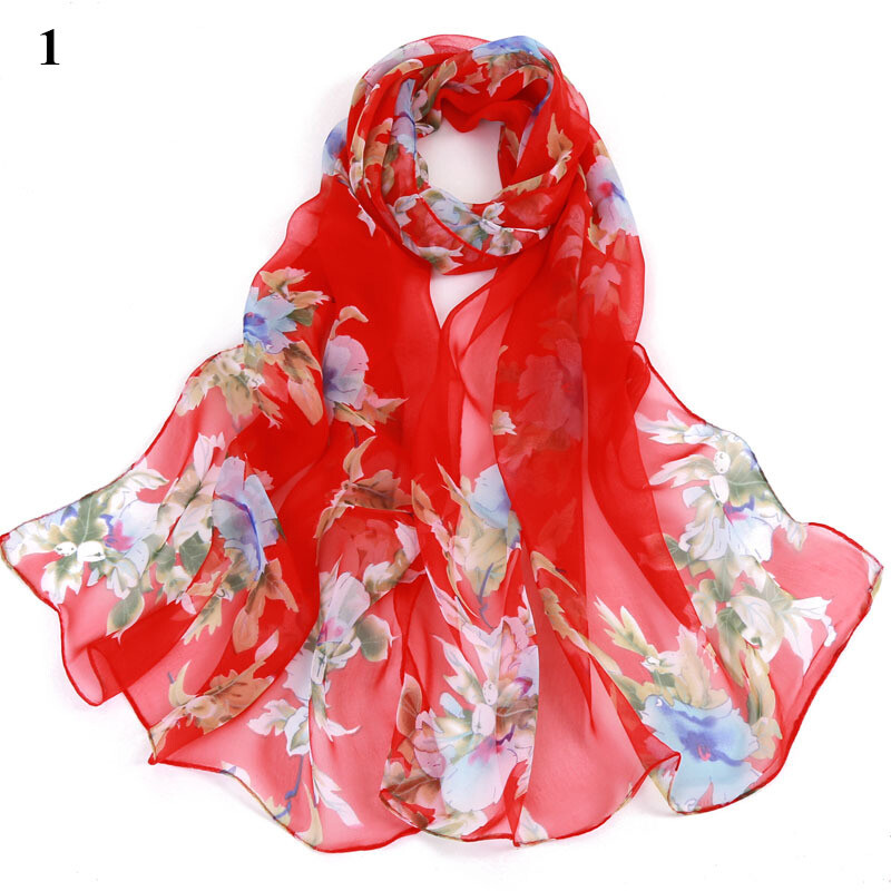 Women Long Flower Print Scarf Soft Wrap Shawl Imitate Silk Hijab ...