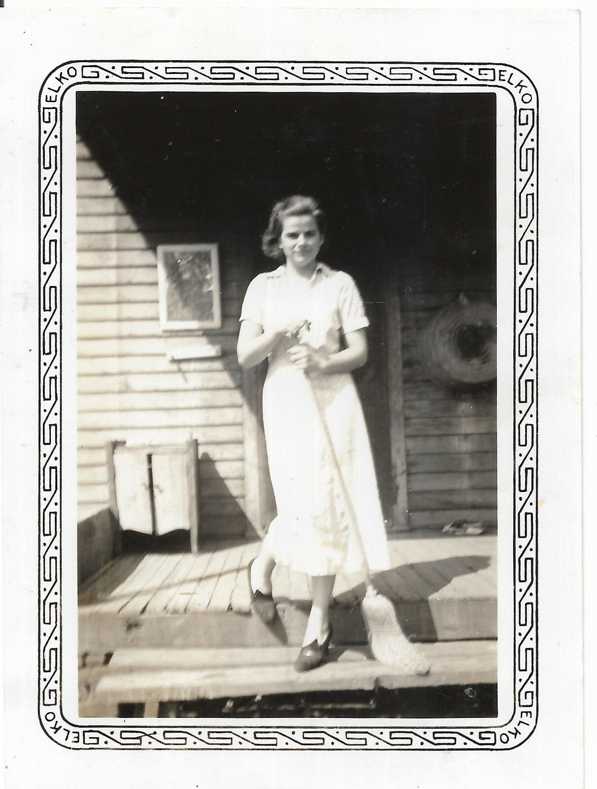 vintage antique photo woman sweeping broom porch steps | eBay