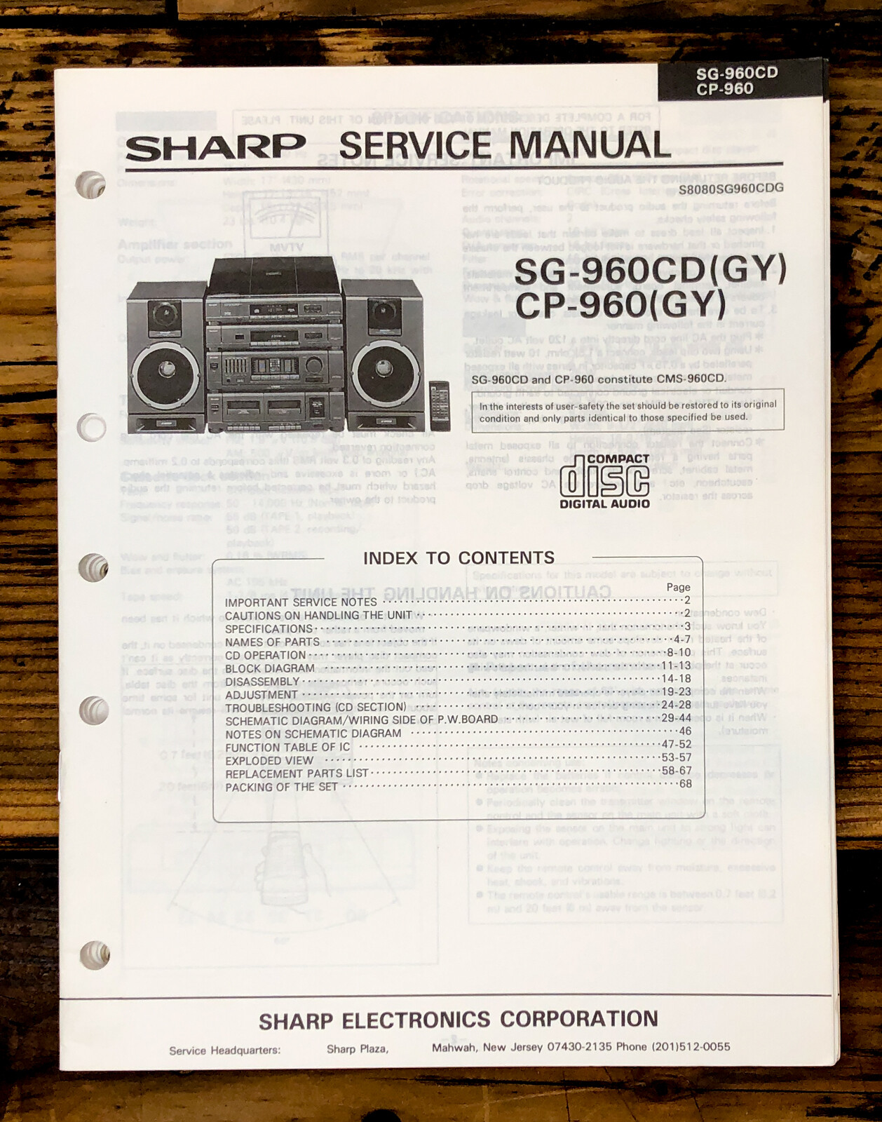 Sharp SG-960CD CP-960 Radio / Stereo System Service Manual *Original ...