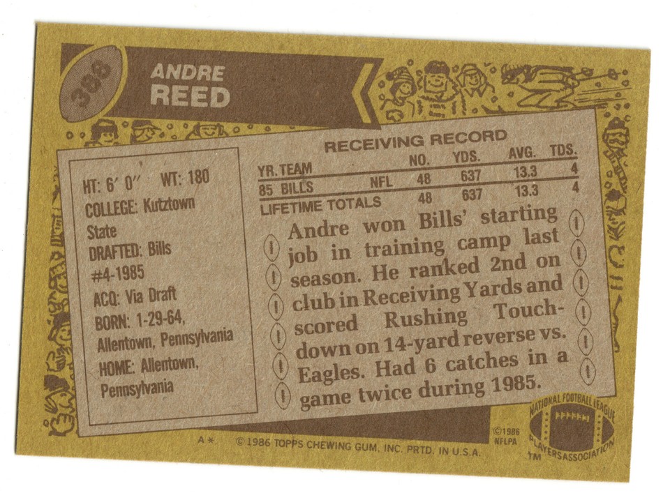 1986 TOPPS Football Card #388 ANDRE REED Rookie Card Buffalo Bills L@@K ...