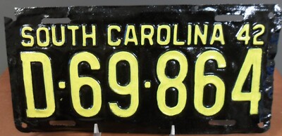 Vintage 1942 SOUTH CAROLINA, SC, License Plate D-69-864, Black Plate ...