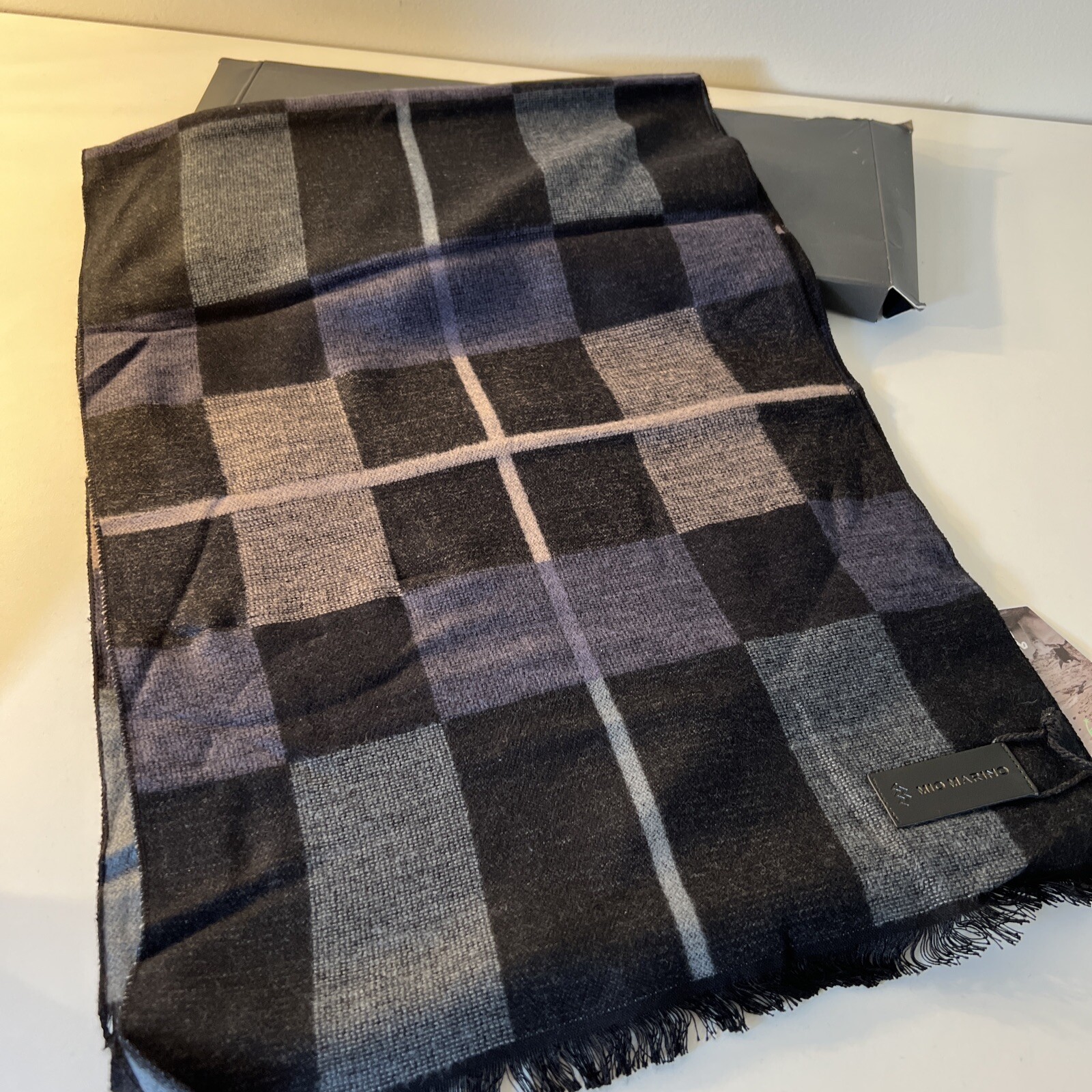Mio Marino Men's Checkered Blue Black Gray Scarf 74" x 13" New With Tag ...