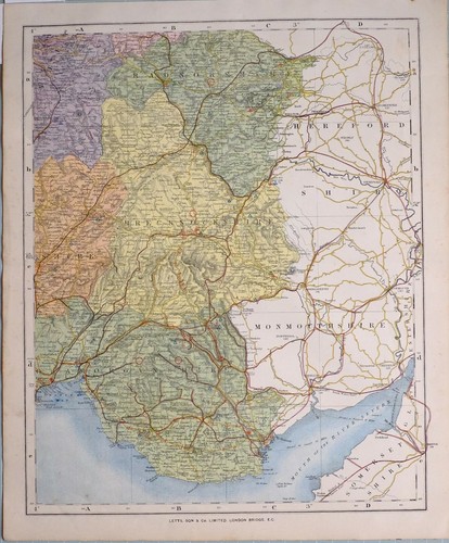 1884 COUNTY MAP SOUTHERN WALES GLAMORGANSHIRE BRECKNOCKSHIRE RADNOR ...