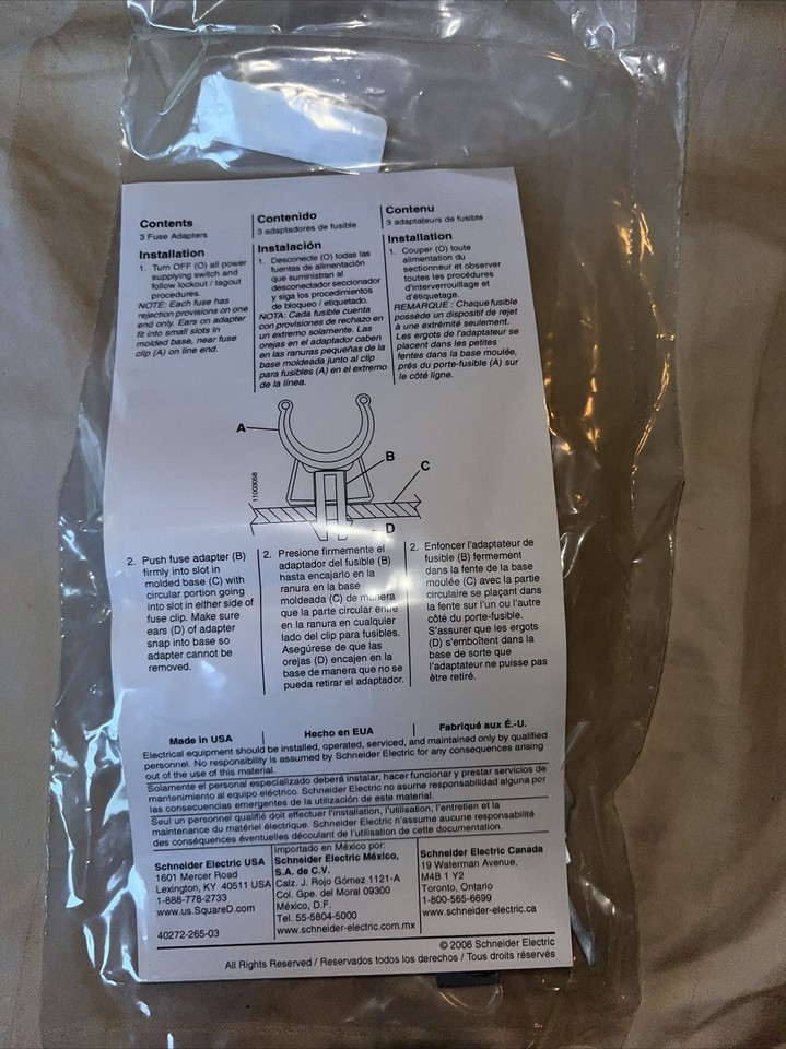 Square D RFK03H Class R Fuse Adapter Kit For “F” Series Switches ~NEW ...