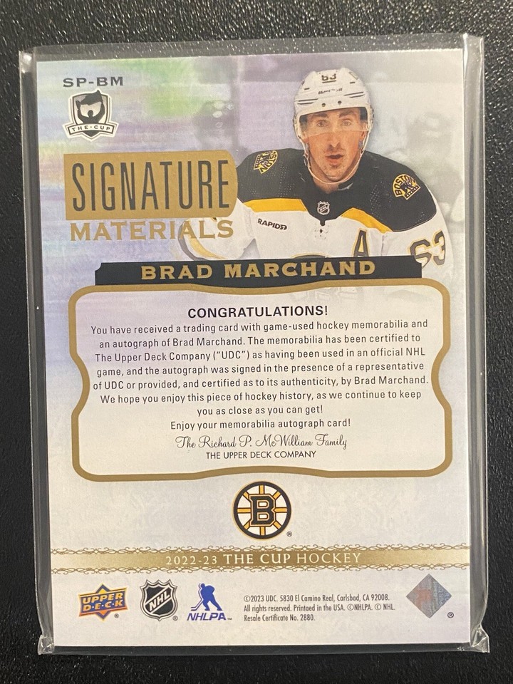 2022-23 UD The Cup Brad Marchand Signature Materials Patch Auto BRUINS ...