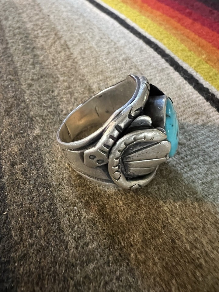 Vintage Native Stamped Silver & Blue Turquoise Ring with Snake - 11.5 ...