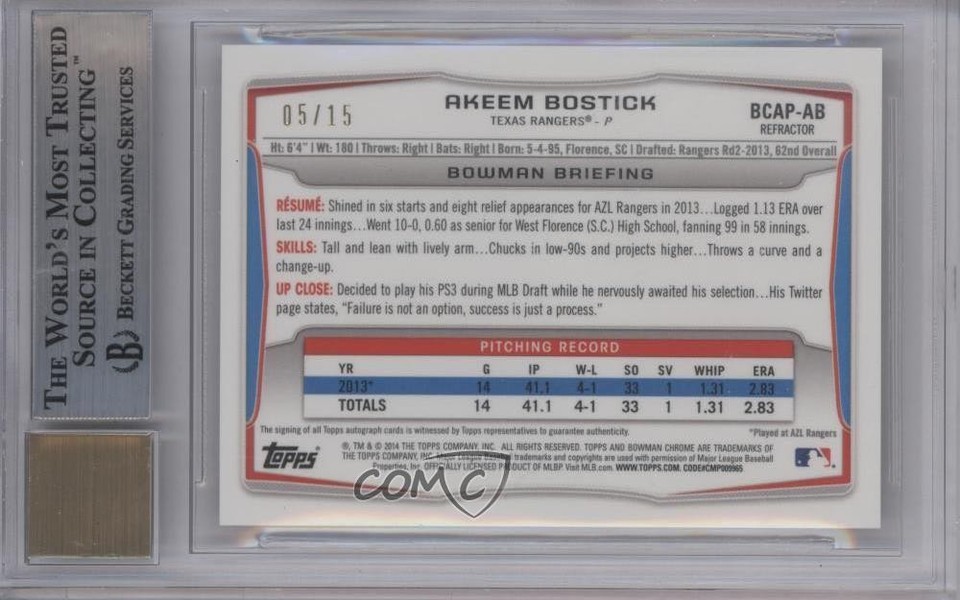 2014 Bowman Chrome Prospect Black Static Refractor /15 Akeem Bostick ...