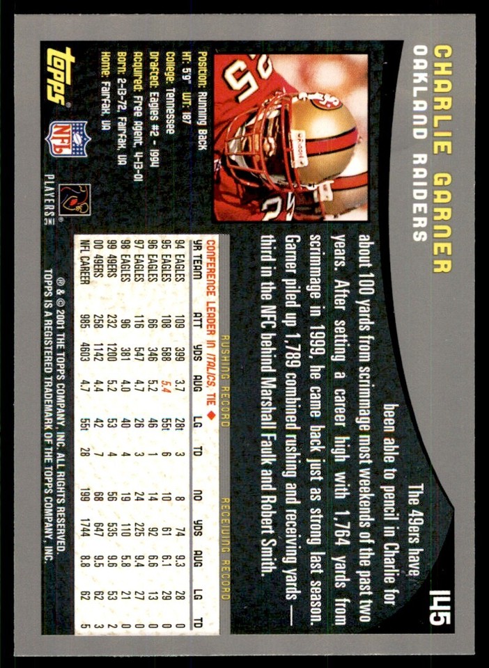 2001 TOPPS CHARLIE GARNER OAKLAND RAIDERS #145 | eBay