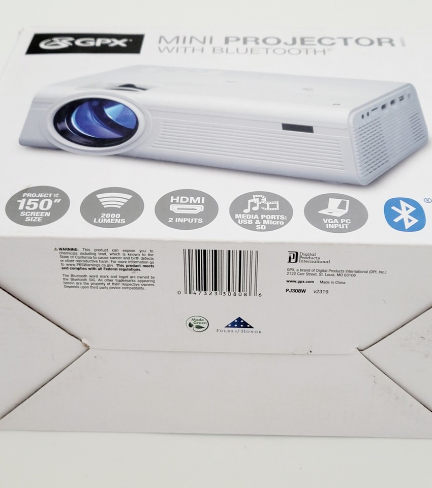 GPX Mini Bluetooth PROJECTOR PJ308W 1080p White USB Micro SD 150 ...