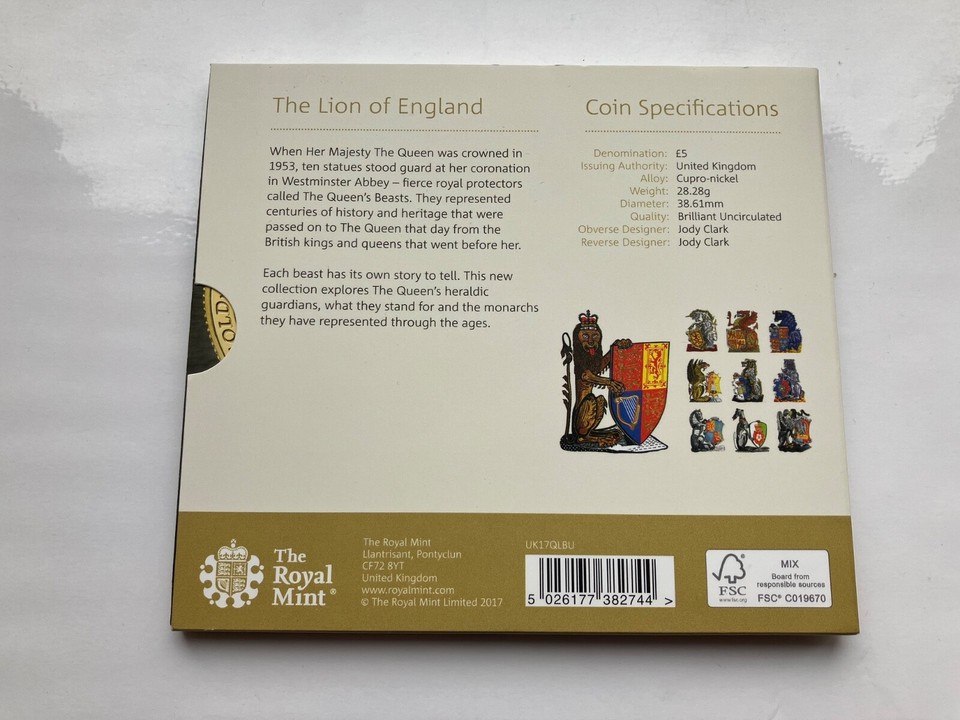 2017 THE QUEENS BEASTS ~ THE LION OF ENGLAND BU FIVE 5 POUND ROYAL MINT ...