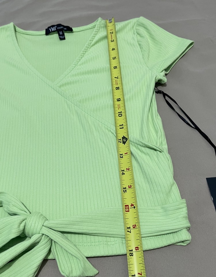 New YMI Collections Green Wrap Blouse Crop Ribbed Knit Tie Waist V-Neck ...