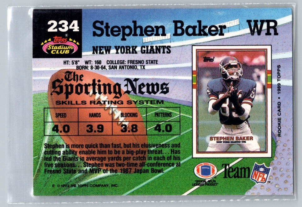 1992 TOPPS STADIUM CLUB CARD # 234 Stephen Baker - New York Giants | eBay