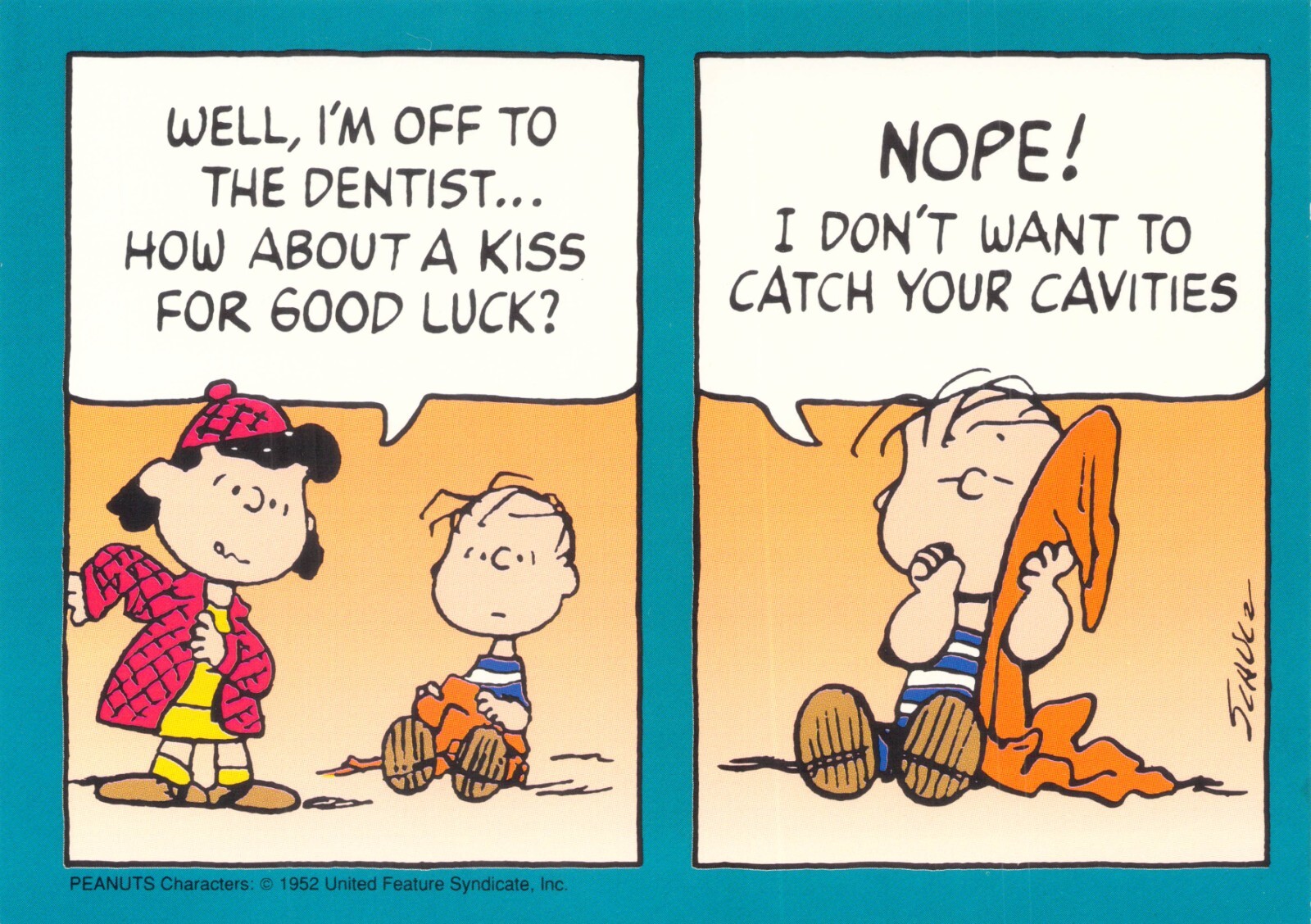 1952 Lucy Linus Brown Peanuts Dentist Reminder Artist Signed Schulz ...