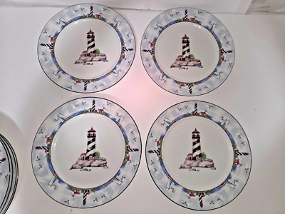 Set of 4 Pre Owned Totally Today Coastal Lighthouse Dinner Plates 10 3/ ...