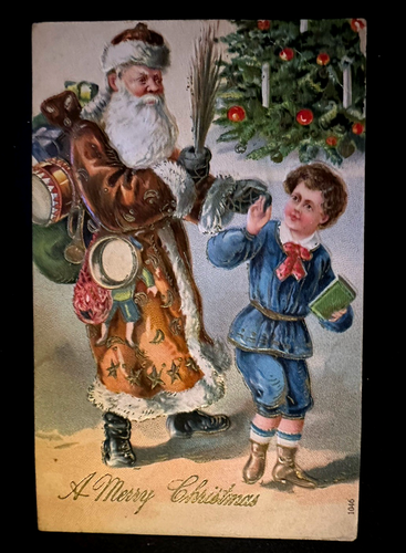 Brown Robe Santa Claus with Victorian Boy~Toys~Tree~1910 Christmas ...