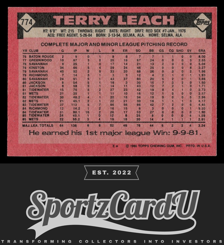 Terry Leach 1986 Topps Near Mint or Better 10066362 | eBay