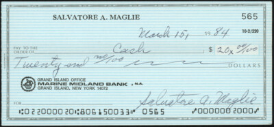 Sal Maglie Authentic Autographed Signed 3x6 Check Dodgers, Yankees ...