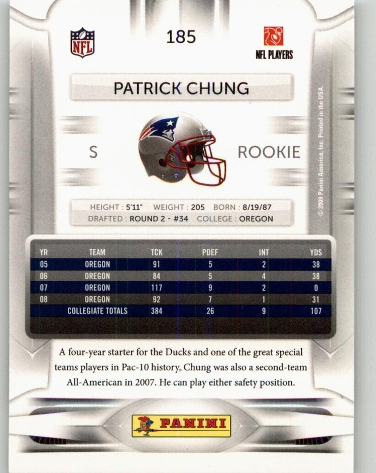 2009 Playoff Prestige Patrick Chung Rookie #185 RC New England Patriots ...