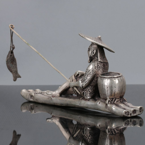 Old Rare Chinese Tibet Silver Hand Carved Fisherman & His Bamboo Raft ...