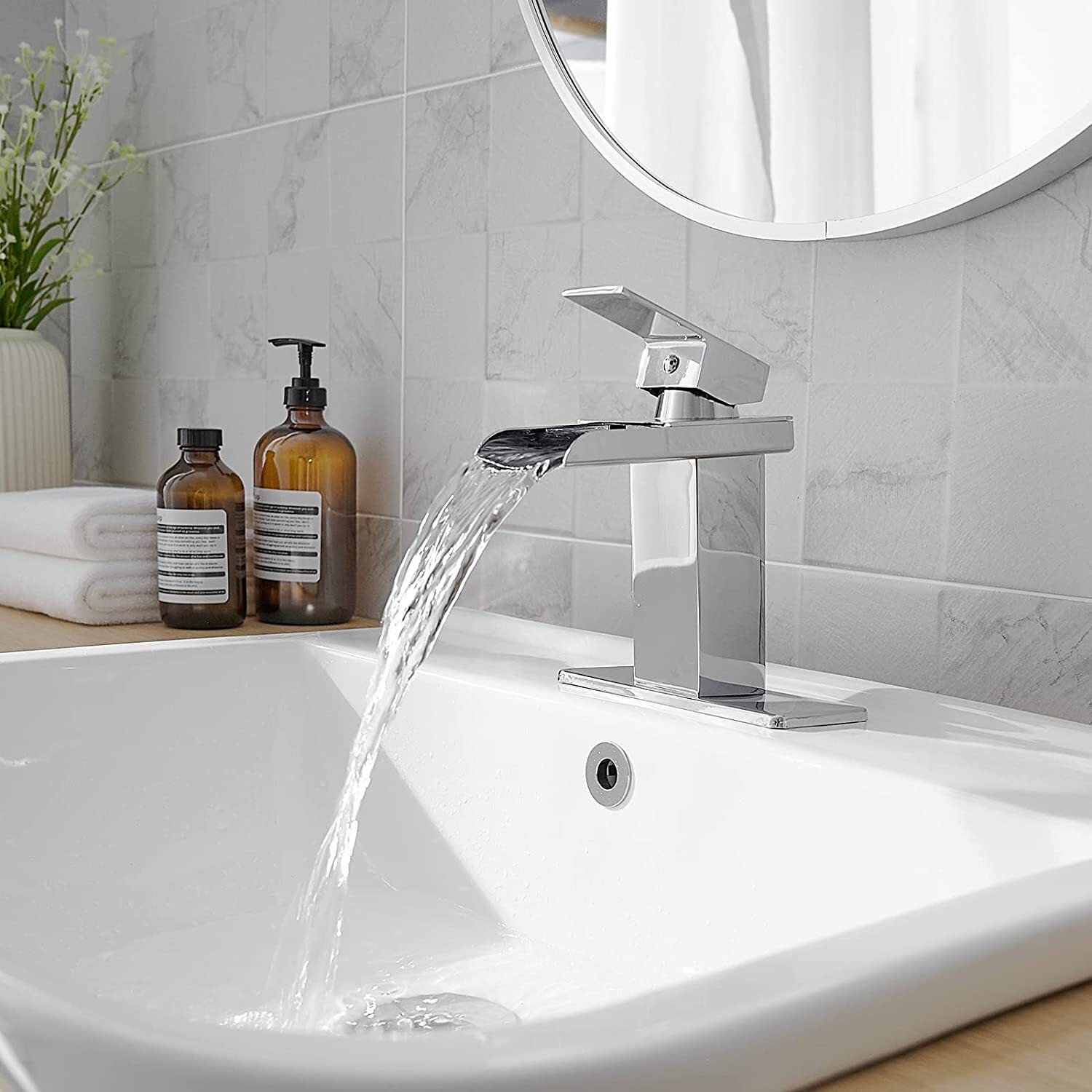 Bathroom Basin Sink Faucet Waterfall Single Handle Hole Vanity Mixer ...