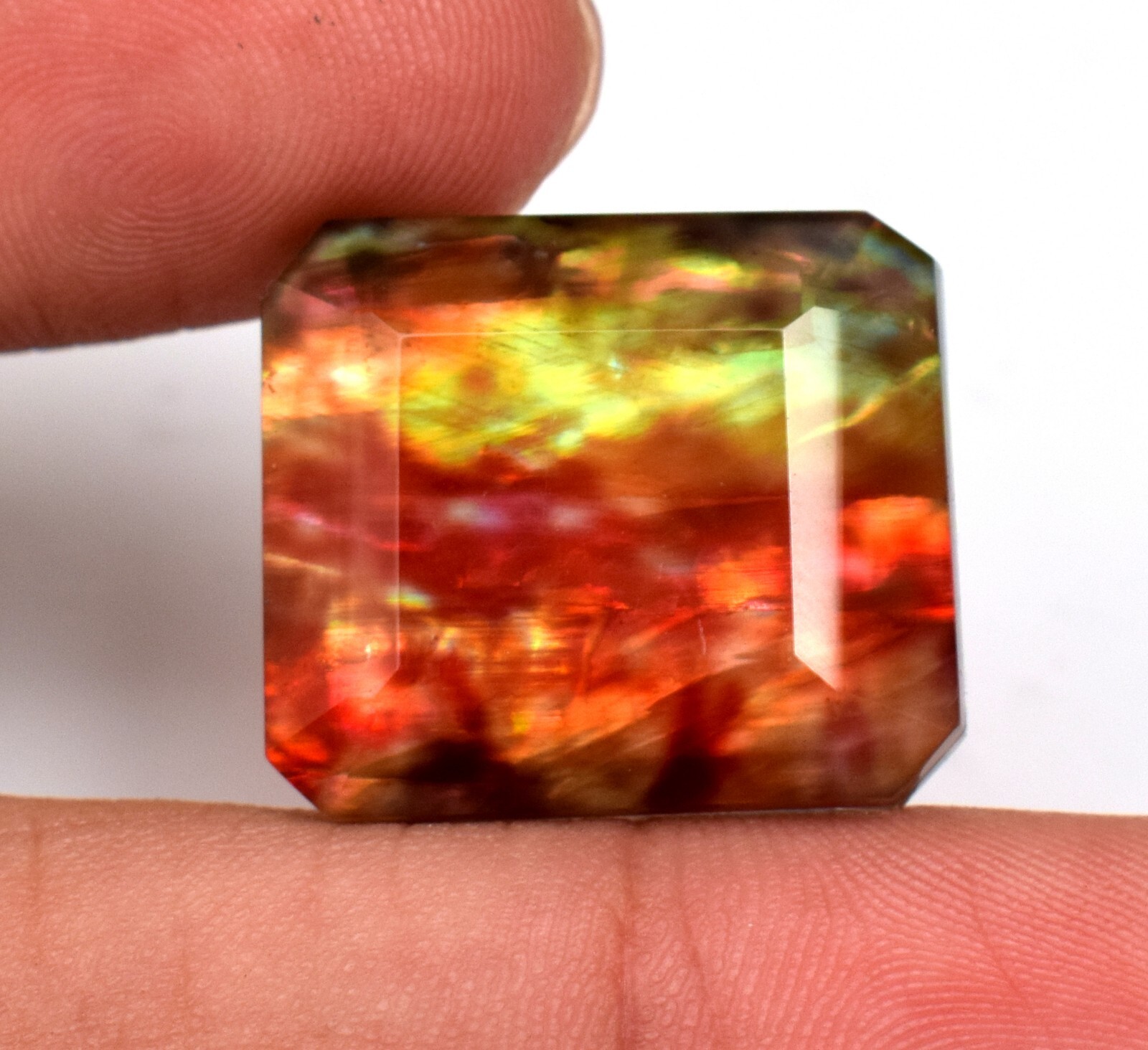 Natural Ammolite Gemstone Red Green Faceted Emerald Cut Huge 23 Ct ...