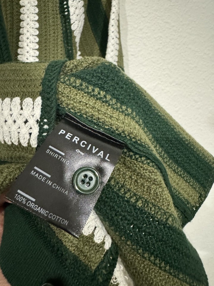 Percival Mens Shirt L Green Button Up Knitted Preppy Knit Pathos ...