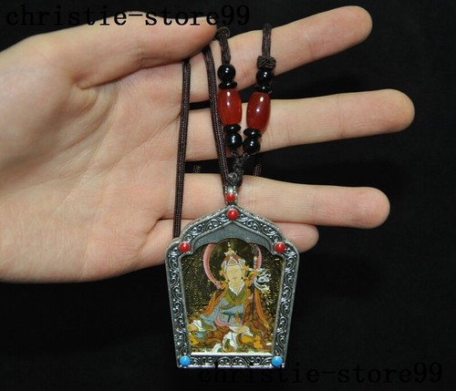 Tibetan silver Inlay gem Guru Rinpoche Padmasambhava Buddha statue ...