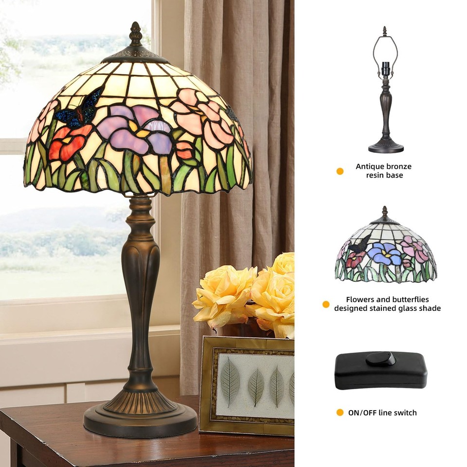 TL0001 Tiffany Table Lamp Bedside Stained Glass Lamp Flowers Butterfly ...