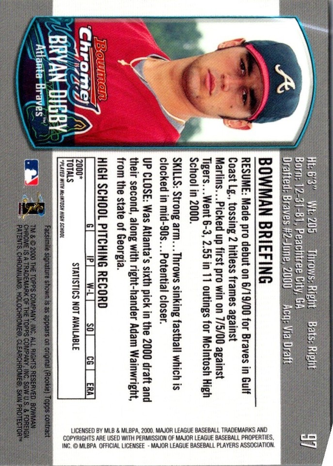 2000 Bowman Draft Picks & Prospects Chrome Bryan Digby #97 Atlanta ...